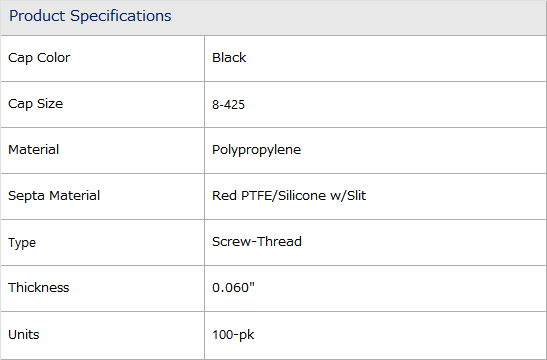 Vial Cap & Septa, 8-425 Black Cap, Red PTFE/Silicone Septa, 0.060 w ...