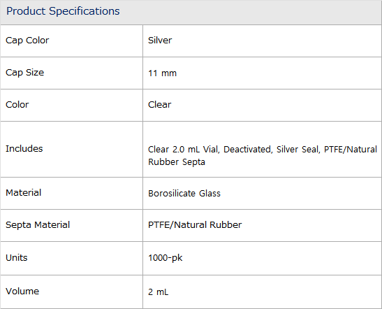Vial, Cap & Septa Kit, SilCote Deact 2ml 11mm Clr Crmp Top Vial w/PTFE ...
