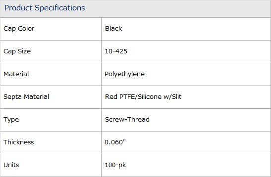 Vial Cap & Septa, 10-425 Black Cap Red PTFE/Silicone Septa, 0.060in w ...