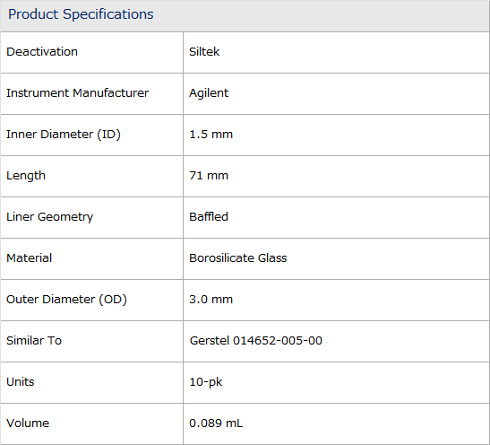 Baffled Glass Liner, 1.5 mm x 3.0 x 71 for Agilent GCs Siltek Deact ...