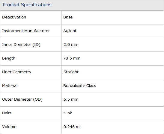 Splitless Liner, 2 mm x 6.5 x 78.5 for Agilent GCs Base Deact., 5-pk ...