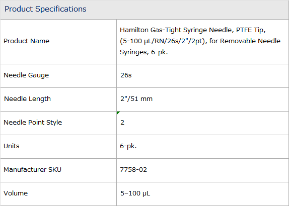 Syringe Needles, Hamilton, 26S/2in/2 Replacement Needle 5-100ul, Pack ...