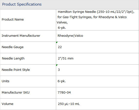 Syringe Needles, Hamilton, Rheodyne Style 250ul-10ml/22G Pack of 6 시마즈 인터넷샵