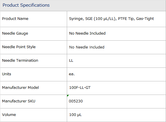 Syringe, SGE, Model100F-LL-GT 100ul 시마즈 인터넷샵