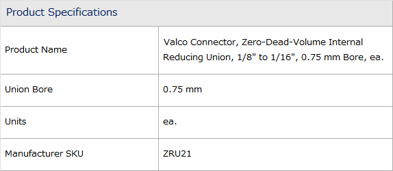 Connectors, Valco, Zero Dead Volume Internal Reducing Union 1/8in to 1 ...