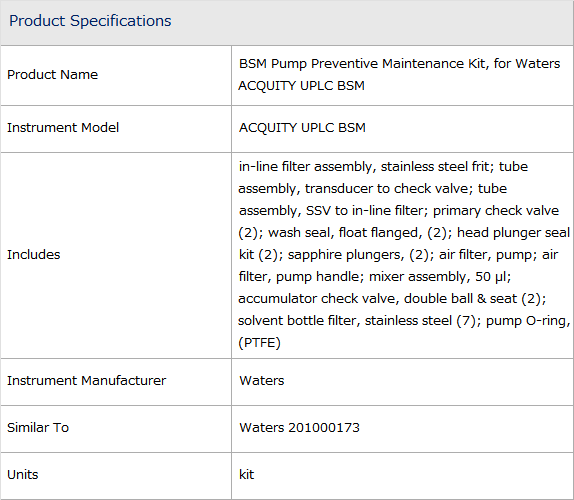 BSM Pump PM Kit, For Waters Acquity Sim to Waters# 201000173 시마즈 인터넷샵