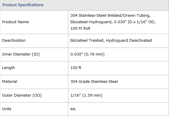 Silcosteel-Hydroguard, 304SS Welded/Drawn Tubing 0.030in ID x 1/16in OD ...