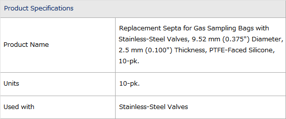 Replacement Septa, For Samplng Bags with Stainless Steel Fitting, 10pk ...