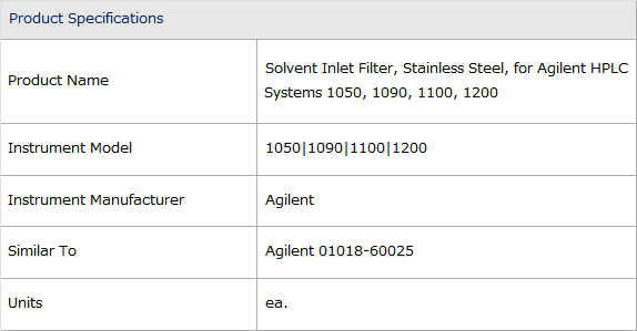 Solvent Inlet Filter, SS, For Agilent 1040, 1050, 1090, 1100, 1200 ...