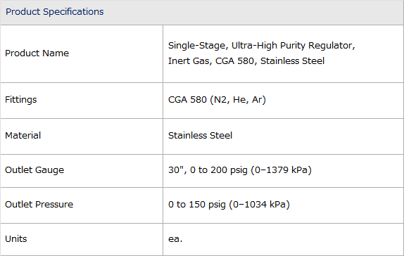 Regulator, SS, Single Stage, Ultra High Purity Inert Gas, CGA 580 시마즈 인터넷샵
