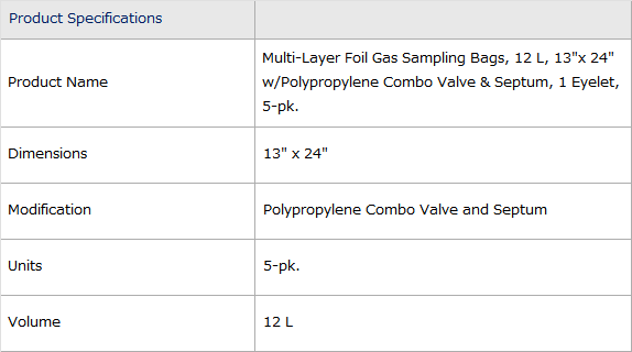 Gas Sampling Bag, Multi-Layer Foil, 12L, 13in x 24in w/ polypropylene ...