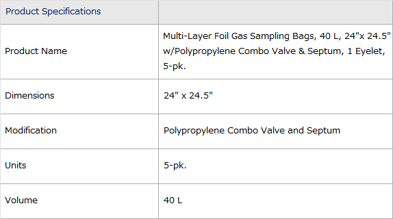 Gas Sampling Bag, Multi-Layer Foil, 40L, 24in x 24.5in w/polypropylene ...