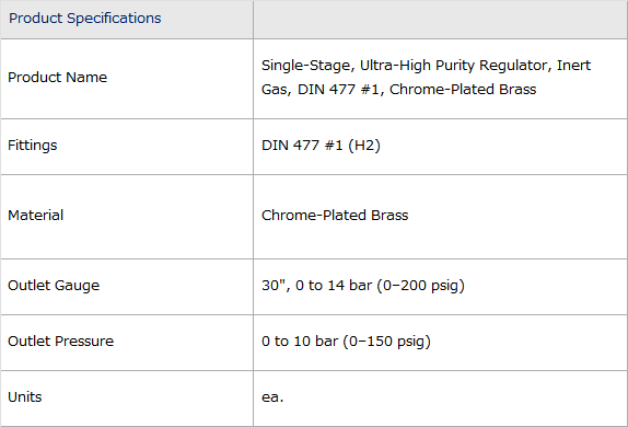 Regulator, Brass, Single Stage, Ultra High Purity Inert Gas, DIN 477 #1 ...